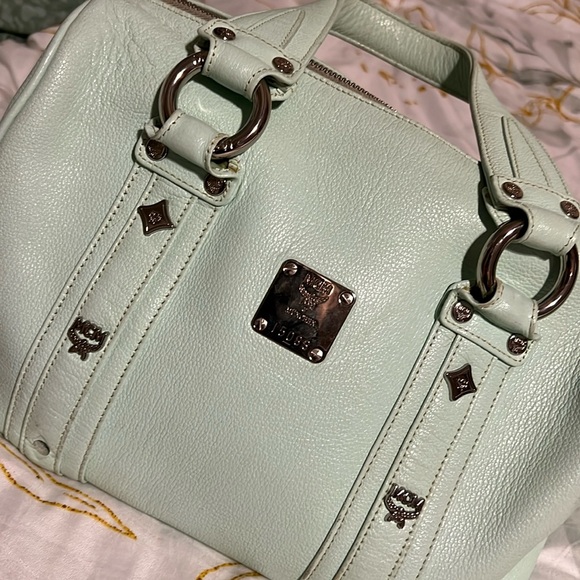 MCM | Bags | Mcm Mint Green Original Mcm Boston Bag Silver Studded ...